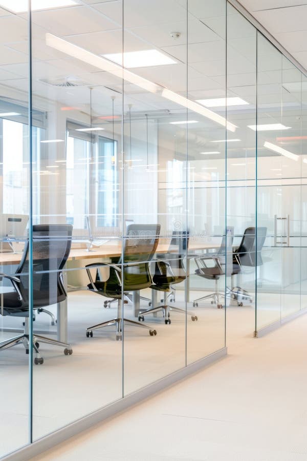 Modern Office, Sleek Modern Office Featuring Glass Partitions, Devoid ...
