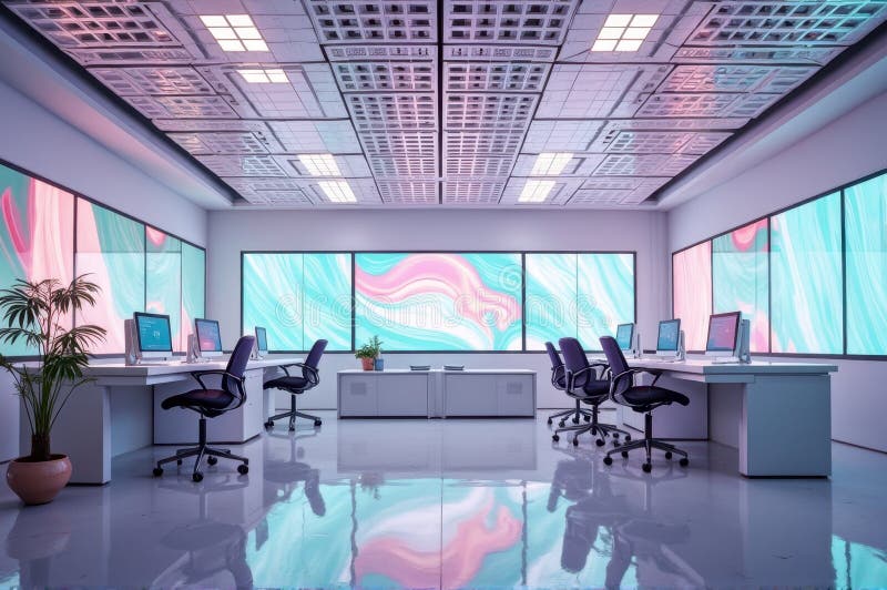 Modern Office Space with Abstract Digital Art Displays and Ergonomic ...