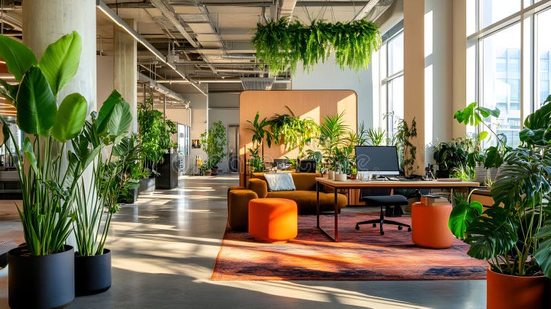 Modern Office Space with Abundant Greenery and Natural Light Stock ...