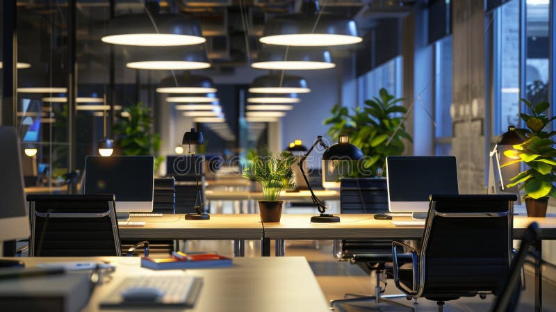 Modern Office Space with Ambient Lighting Stock Photo - Image of quiet ...