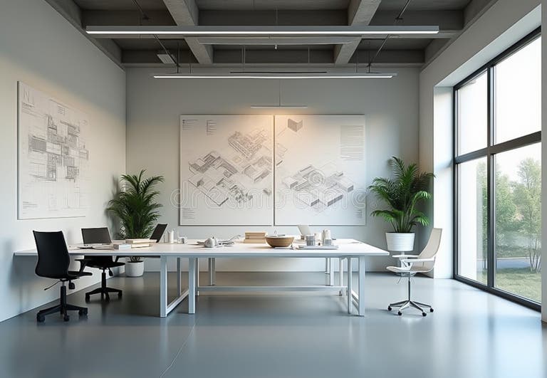 Modern Office Space with Architectural Blueprints and Natural Elements ...