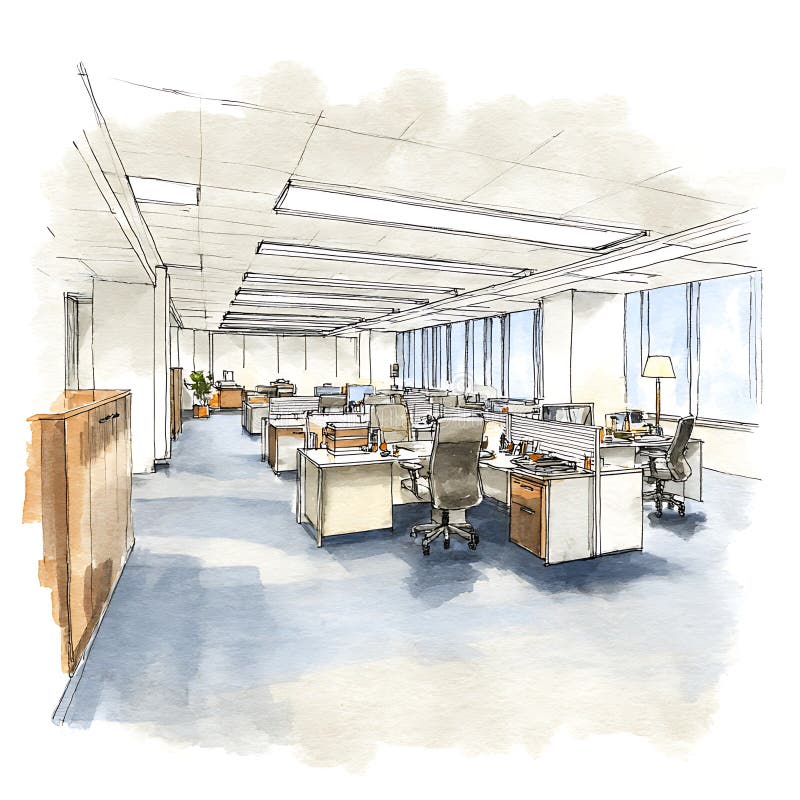 Modern Office Space Architectural Sketch a HandDrawn Illustration of a ...
