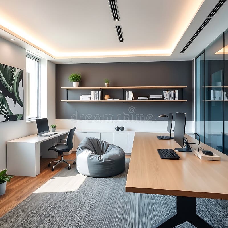 A Modern Office Space with a Bean Bag in a Corner Next To a Large Desk ...
