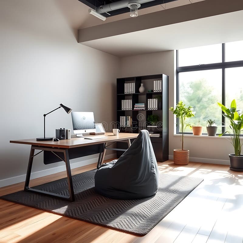 A Modern Office Space with a Bean Bag in a Corner Next To a Large Desk ...