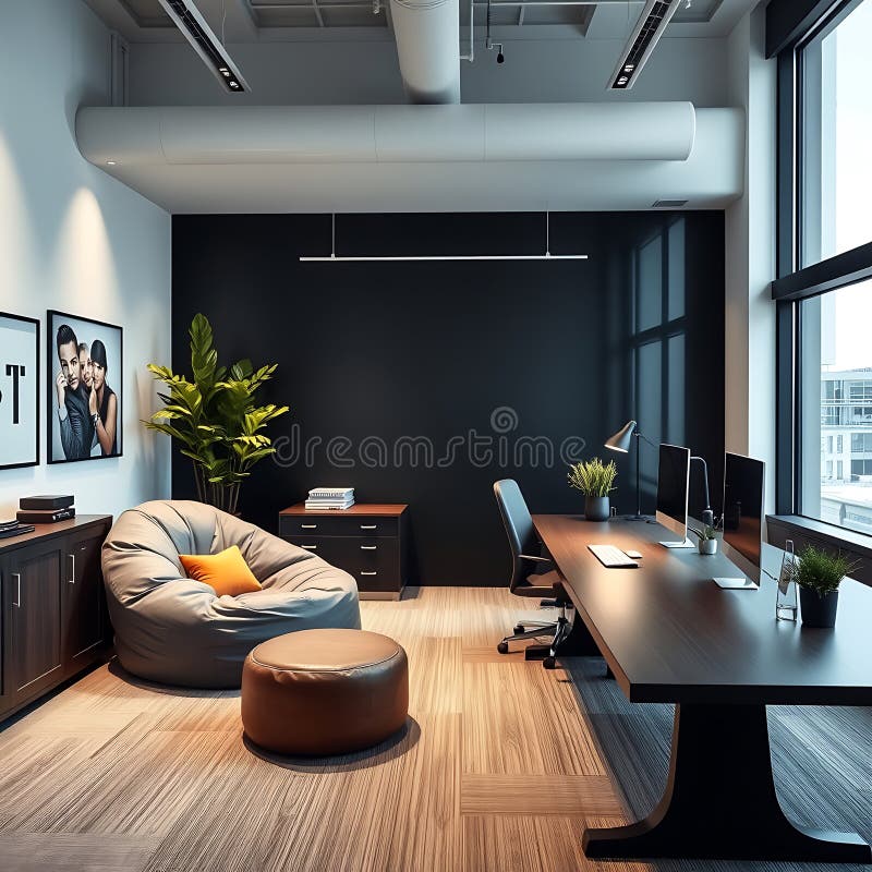 A Modern Office Space with a Bean Bag in a Corner Next To a Large Desk ...