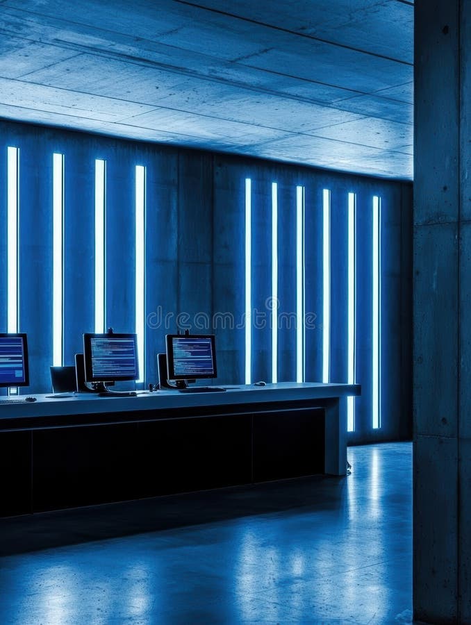Modern Office Space with Blue Neon Lights and Sleek Computer Desks ...