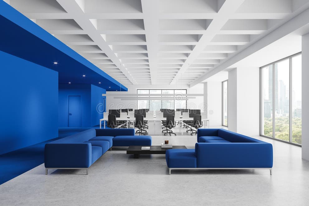 Modern Office Space with Blue Sofas and Workstations. 3D Rendering ...