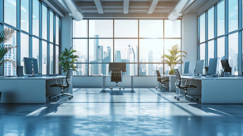 Modern Office Space with Bustling Cityscape View Stock Image - Image of ...