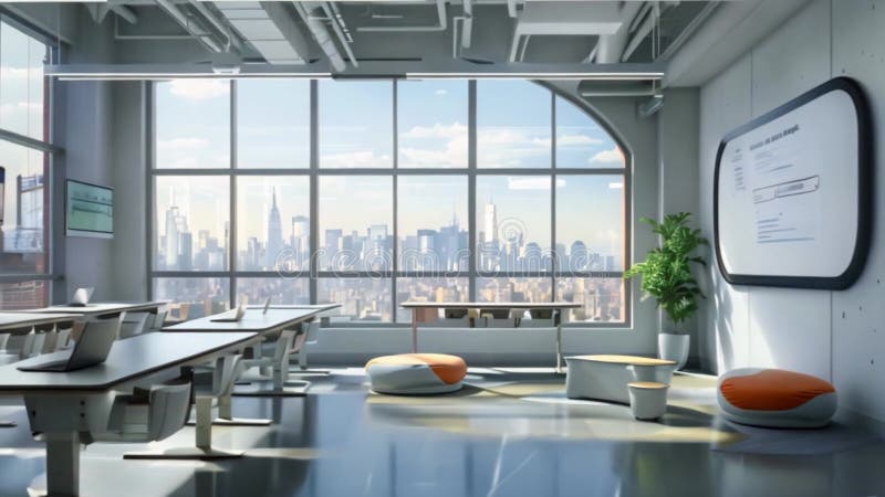 Modern Office Space with City View and Collaborative Workstations Stock ...