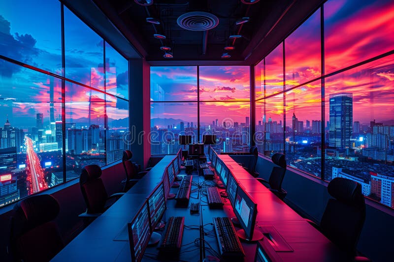 Modern Office Space with Cityscape View during Sunset Stock Photo ...