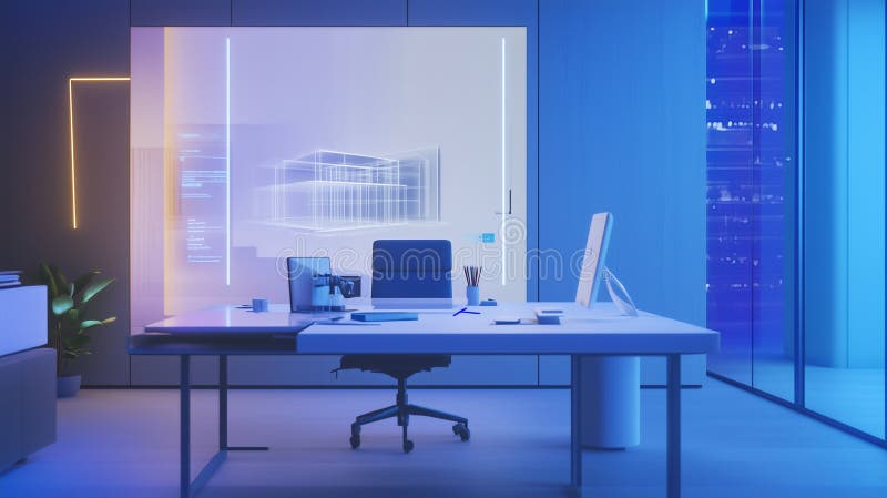 Modern Office Space with Computers and Architectural Design on Screen ...