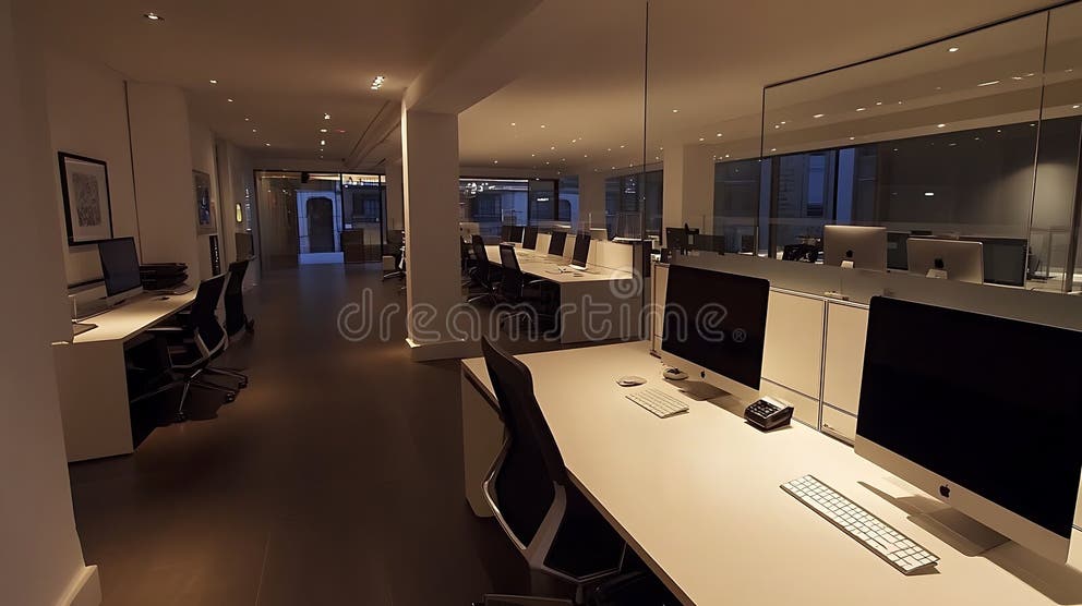 Modern Office Space with Computers and Desks Stock Illustration ...