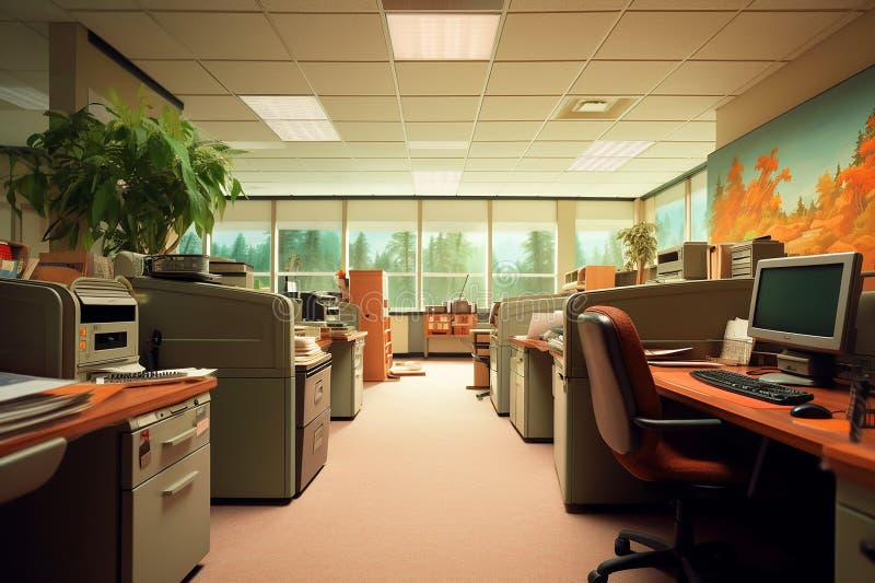 Modern Office Space with Computers, Desks, and a Warm Ambiance Stock ...