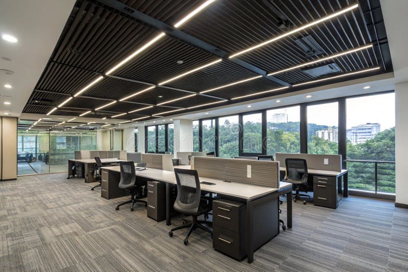 Contemporary Office with Dark Desks and Linear Lighting Stock ...