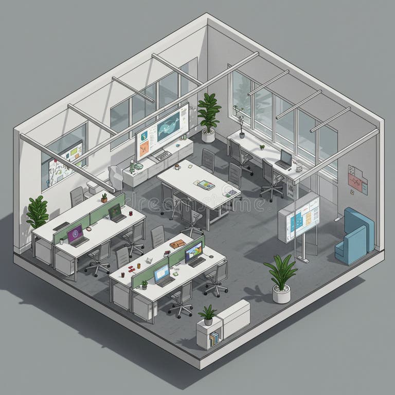 Modern Office Space Depicted in Isometric View, Featuring Several ...