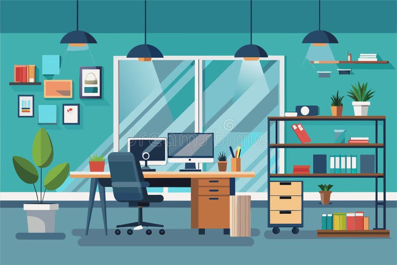 A Modern Office Space Design Showcasing a Sleek Workspace with Shelves ...