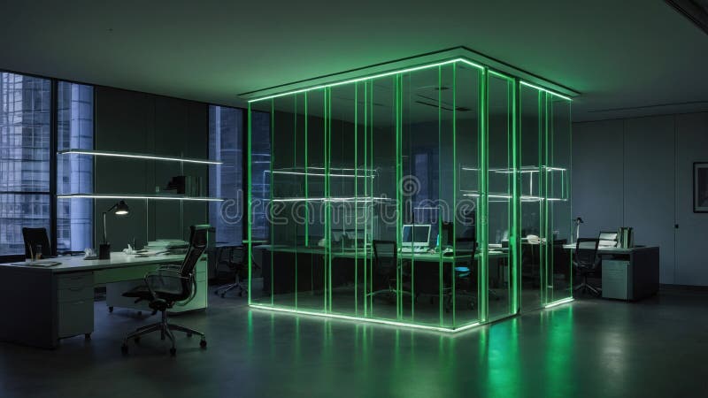 Modern Office Space Designed with Green Lighting and Glass Partitions ...