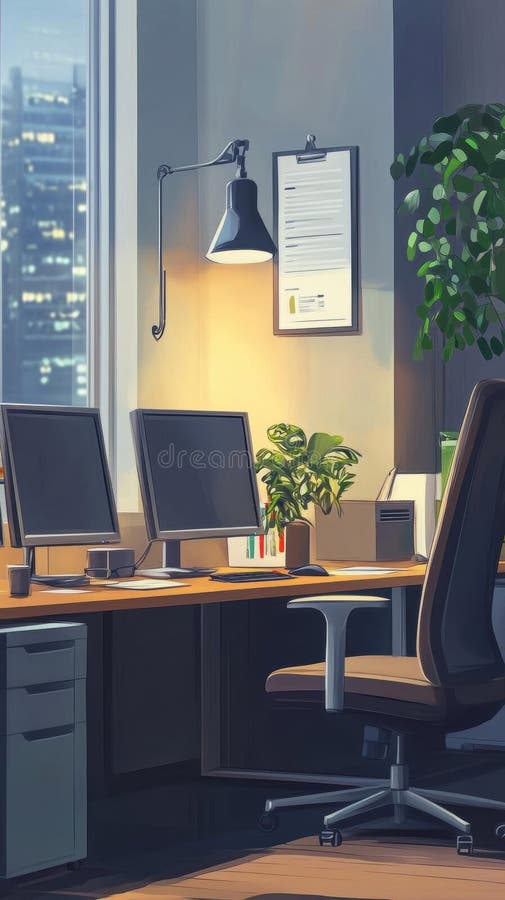 Modern Office Space with Desk, Computers, and a View Stock Image ...