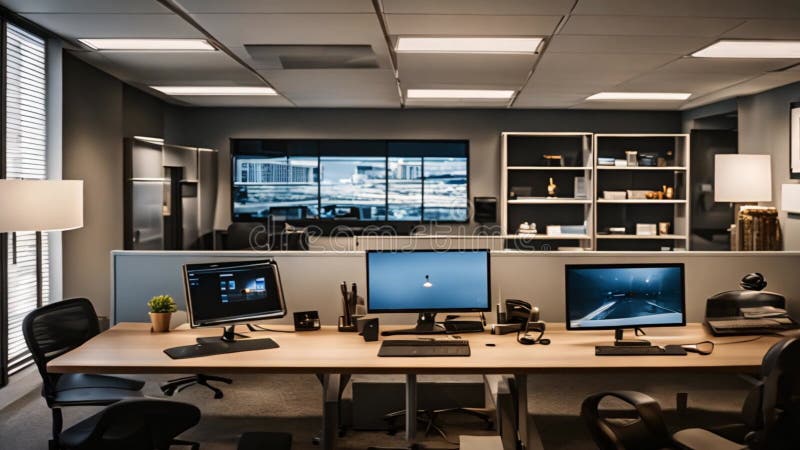Modern Office Space with Desk, Monitors, and Large Screen Stock Footage ...