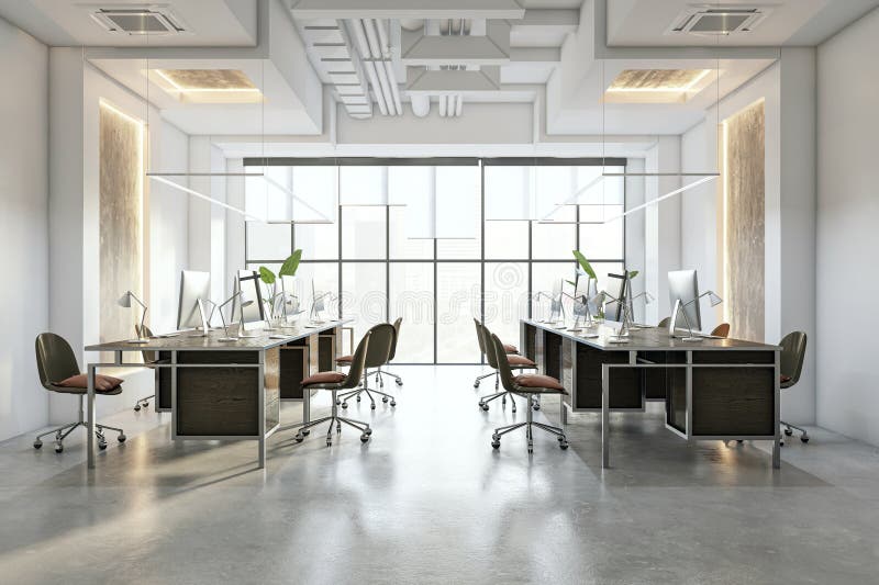 Modern Office Space with Desks, Chairs, Computers, Large Windows, and ...