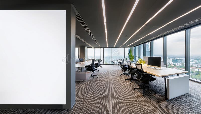Modern Office Space with Desks and Chairs on the Left, Blank White Wall ...