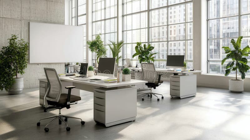 Modern Office Space with Desks, Computers, and Plants in a Bright ...