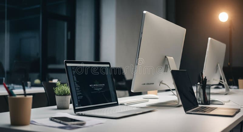 Modern Office Space with Desks Lined with Computers, Including Desktop ...