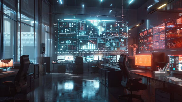 A Modern Office Space with Digital Screens Displaying Data Analysis and ...