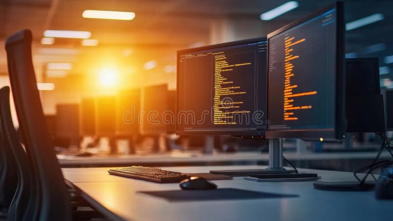 Modern Office Space with Dual Monitors Displaying Codes, Illuminated by Warm Sunlight. Stock ...