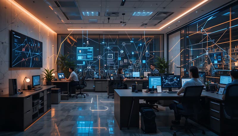 People Working in a Modern Office with Large Displays Showing Data ...