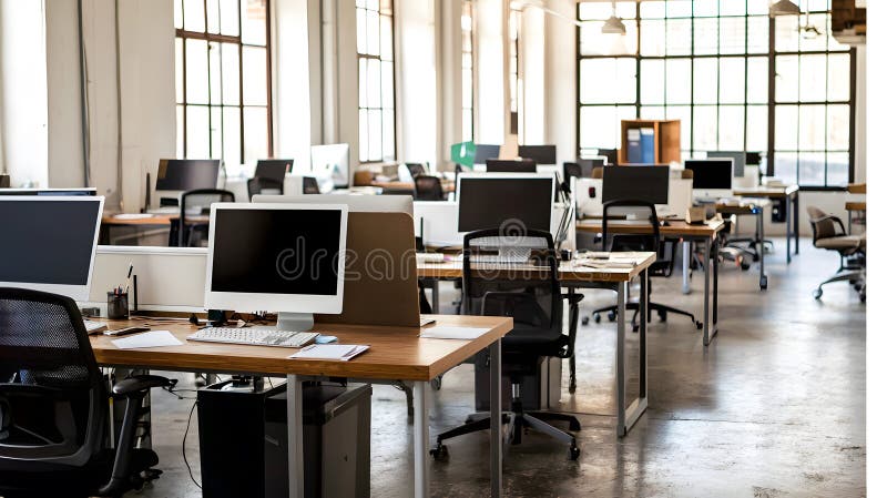 Modern Office Space with Empty Workstations Stock Photo - Image of ...