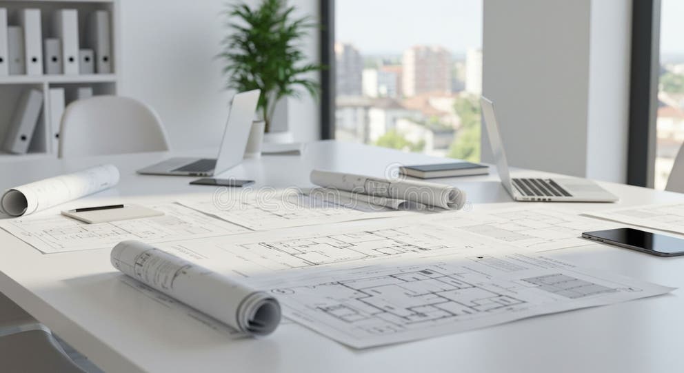 A Modern Office Space Features a Large White Table with Architectural ...