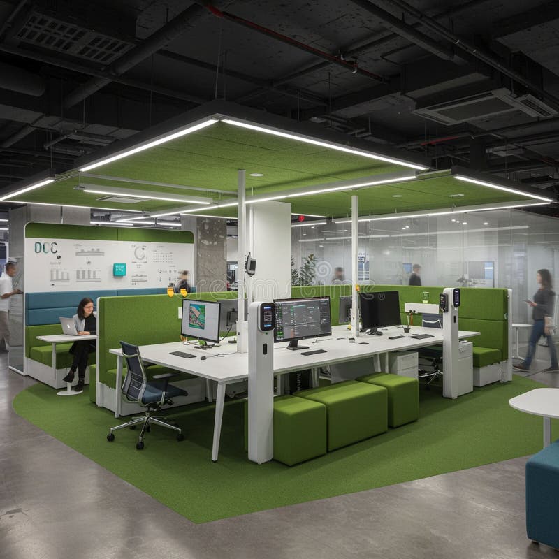 Modern Office Space Features Open-plan Workstations with White Desks ...