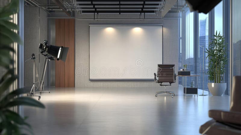 Modern Office Space Features Projector Screen, Studio Lights, and City ...