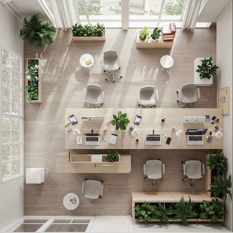 Modern Office Space Features a Top-down View with a Light Wooden Floor ...
