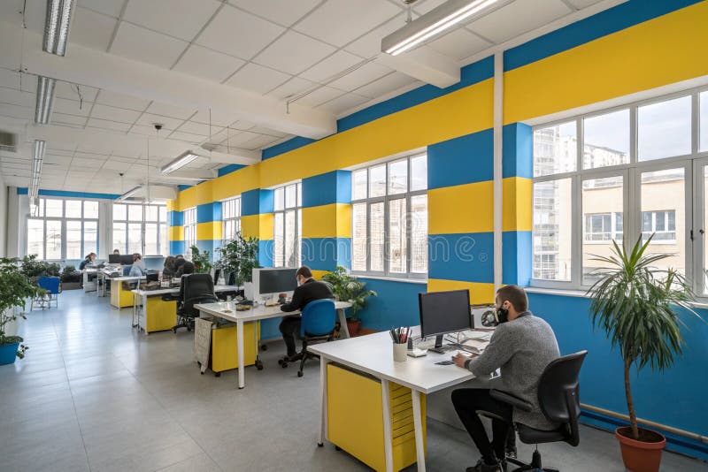 Blue and Yellow Shared Office Space Stock Illustration - Illustration ...