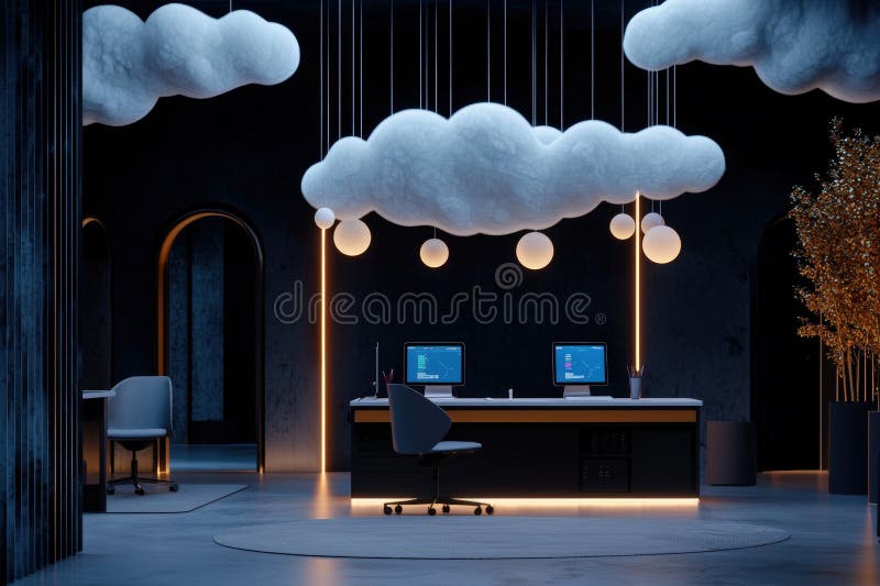 A Modern Office Space Featuring Cloudlike Decor and Ambient Lighting ...