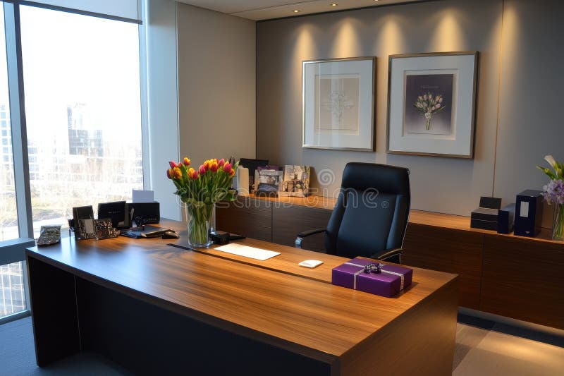 A Modern Office Space Featuring a Desk, Chair, Flowers, and Decorative ...