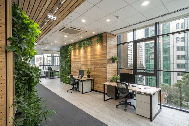 Modern Office Space with Green and Wood Theme Stock Illustration ...