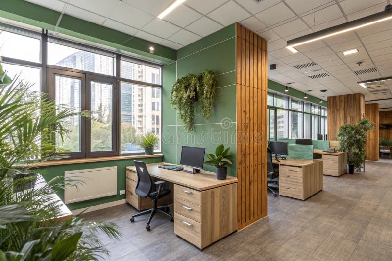 Modern Office Space with Green and Wood Theme Stock Illustration ...