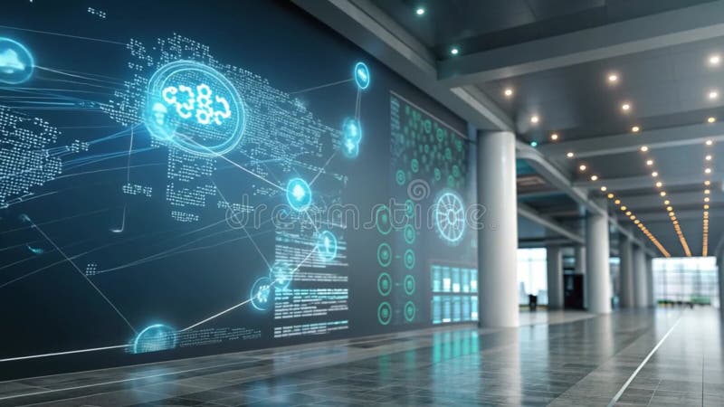 Futuristic Technology Wall with Data Visualization and Digital Network ...