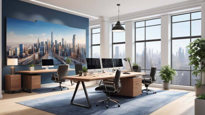 Modern Office Space Featuring Large Windows with a Cityscape View Stock ...