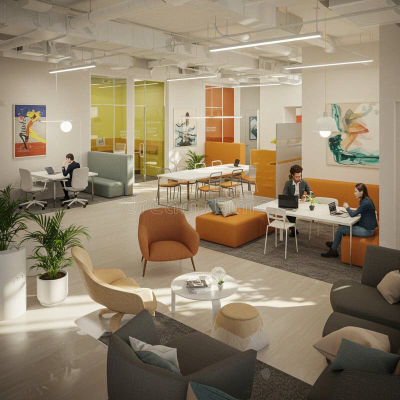 Modern Office Space Featuring an Open Layout with Various Seating Areas ...