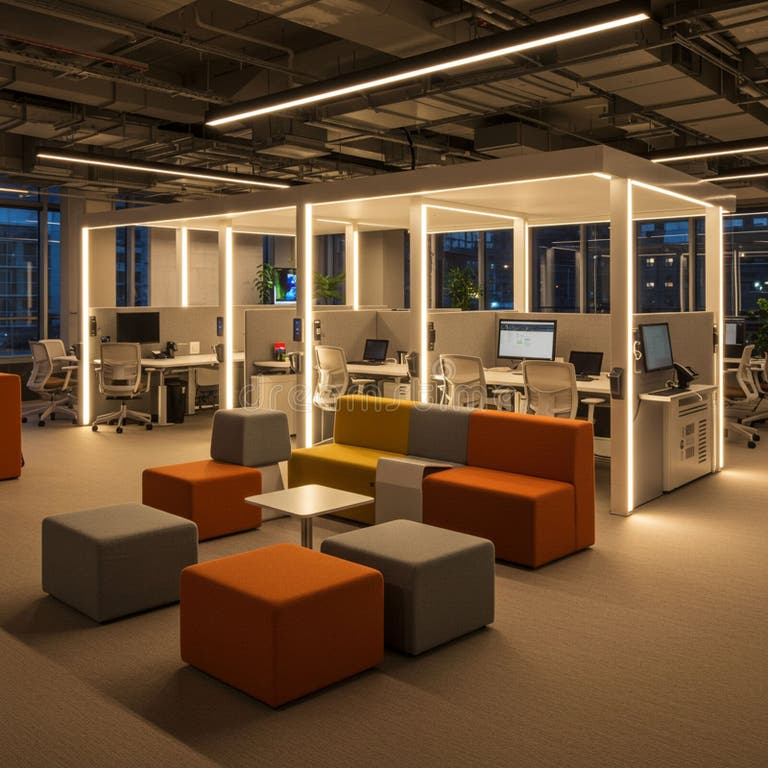 Modern Office Space Featuring Open Workstations and Illuminated Desk ...