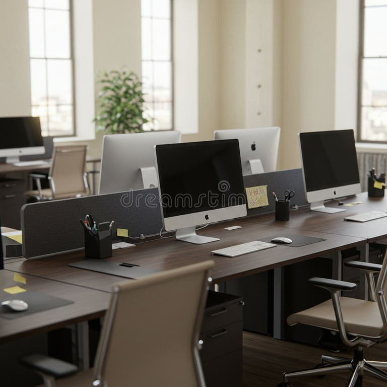 Modern Office Space Featuring Rows of Desks with Sleek Computers ...