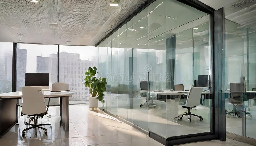 Modern Office Space Featuring a Sleek Glass Wall Partition, Offering an ...