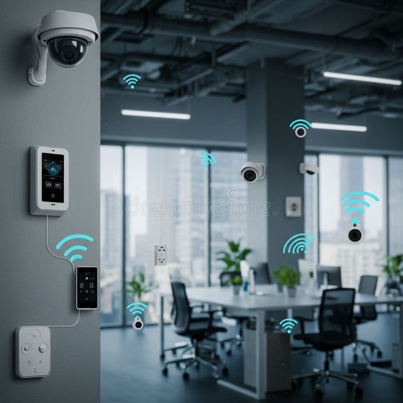 Modern Office Space Featuring Smart Security Technology. Multiple Security Cameras Stock ...