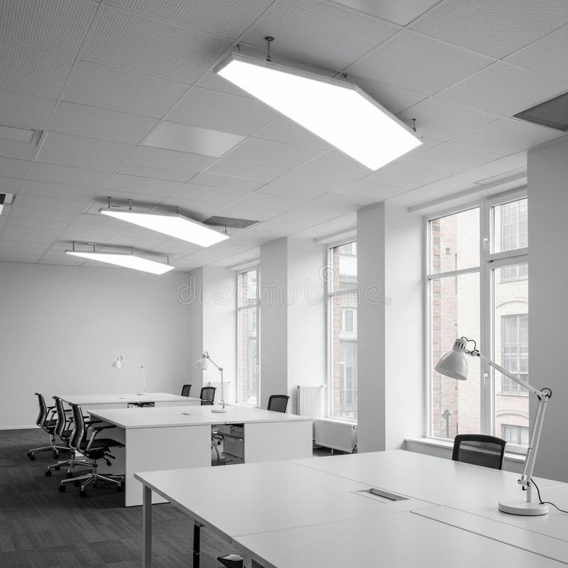 Modern Office Space Featuring White Desks Arranged in Rows, Each ...
