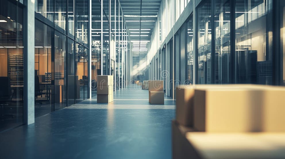 Modern Office Space Filled with Cardboard Boxes. Concept of Moving ...