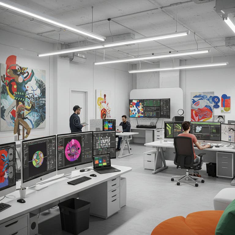 Modern Office Space with Four People Engaged in Digital Design Work ...